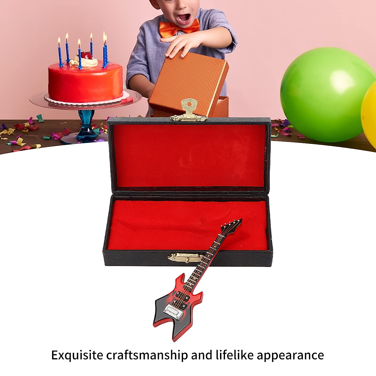 3.9in Miniature Bass Model, Dollhouse Mini Musical Instrument Guitar Model With Stand and Case (10cm Red Pointed Electric Bass)