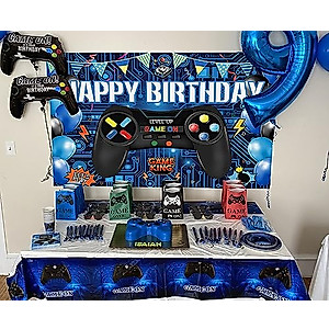 Happy Birthday Video Game Photography Backdrop Blue Level Up Gaming Happy Birthday Banner Boy Family Indoor Outdoor Gamer Room Video Game Party Wall Decoration 7x5ft