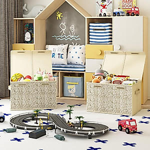 Wisdom Star 4 Pack Large Storage Bins with Double Lids & Handles, Collapsible Fabric Storage Cube Bin Basket with Removable Divider, Foldable Closet Organizer Clothing Shelf Basket, Beige