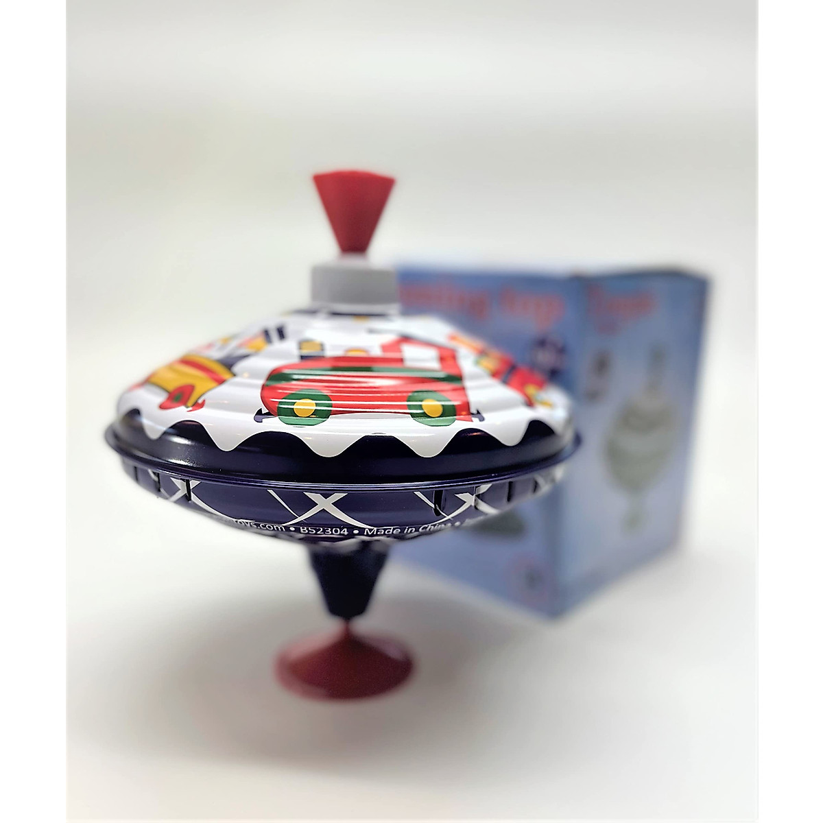 Classic Music Box Spinning Tin Top Toy from KsmToys by Bolz. The Funny Buzzing Hum Gets Louder As The Top Spins Faster, 7.5" x 7.5" x 7.5" Ages 18 m+