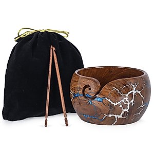 Large Wooden Yarn Bowl 7x4 Inches - Cute Wood Bowl/Holder for Knitting & Crocheting Lovers from Craft Supplier Brand INANOSA - Gift Ideas for Christmas and Mother's Day - Blue & White