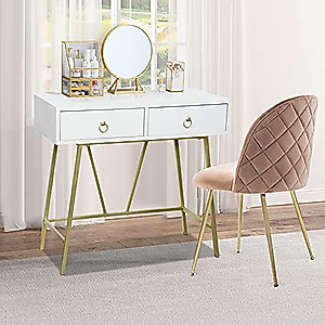 Anmytek Modern Home Office Desk, 35.4 Inch Makeup Vanity Table White Study Desk 2 Drawers Writing Desk Computer Desk with Golden Legs, D0002
