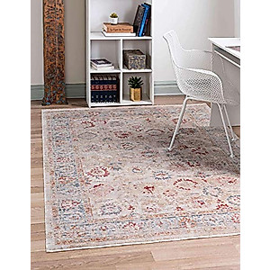Unique Loom Noble Collection Country, Traditional, Distressed, Vintage, Botanical, Border Area Rug, 5' 1" x 7' 10" Rectangle, Ivory/Blue