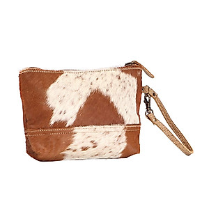 Myra Bag Snowy & Cocoa Upcycled Canvas & Cowhide Wristlet Pouch Bag S-1471