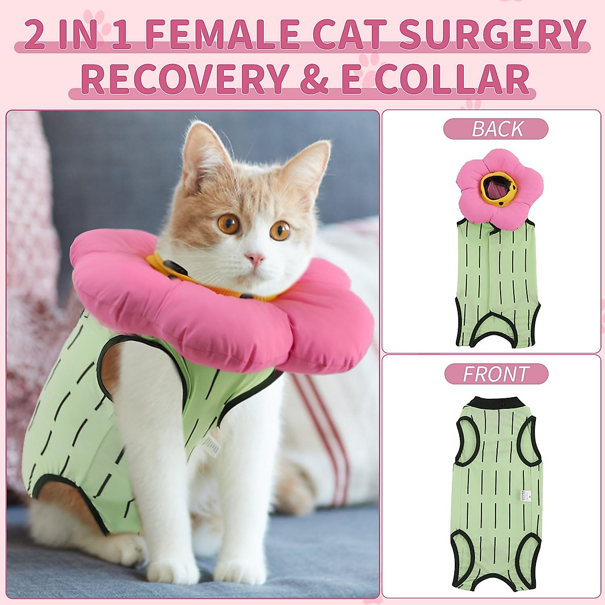 EMUST 2PCS Cat Recovery Suit and Cat Cone Collar Female, Cute Cat Surgical Suit for Abdominal Wounds or Skin Diseases, Adjustable Flower Neck Cat Cone Collar Soft for Cats 4-8lb(Green, M)
