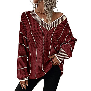 Dokotoo Striped Sweater for Women Fashion Color Block Tunic Sweaters for Women Oversized Long Sleeve V Neck Jumpers Top Red Small