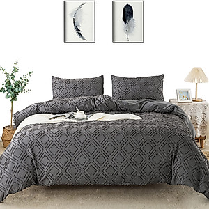 Lamourbear Jacquard & Tufted Geometric Grey Duvet Cover Queen Size Bedding Set, Soft, All Seasons, with Double-end Sliders Zipper Closure, 8 Ties, 3 Pieces (2 Pillowcase, 1 Duvet Cover), Q Dark Grey
