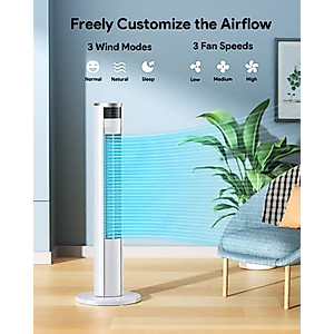 Tower Fan, Oscillating Tower Fan with Remote, 3 Modes, 3 Speeds, and 7-Hour Timer, Portable Space-Saving Bladeless Fan for Bedroom and Home Office 36”