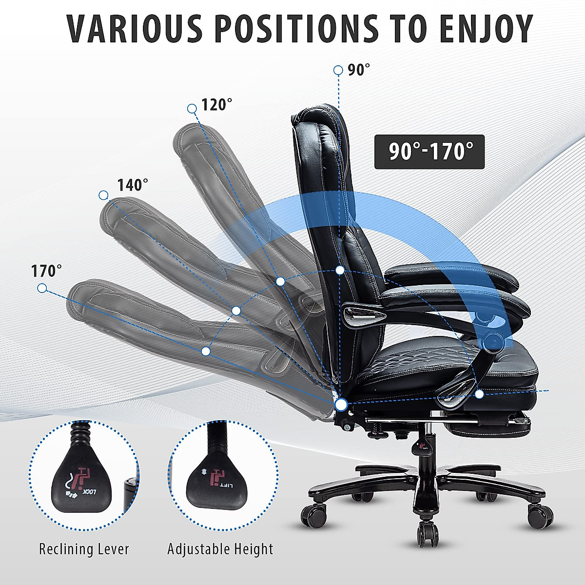 Comermax Big and Tall Home Office Desk Chairs for 400lb Heavy People, Ergonomic Reclining Chair with Footrest Wide Seat, Plus Size Managerial Executive (Black), 9291 Black(400lbs), Large(400lbs)