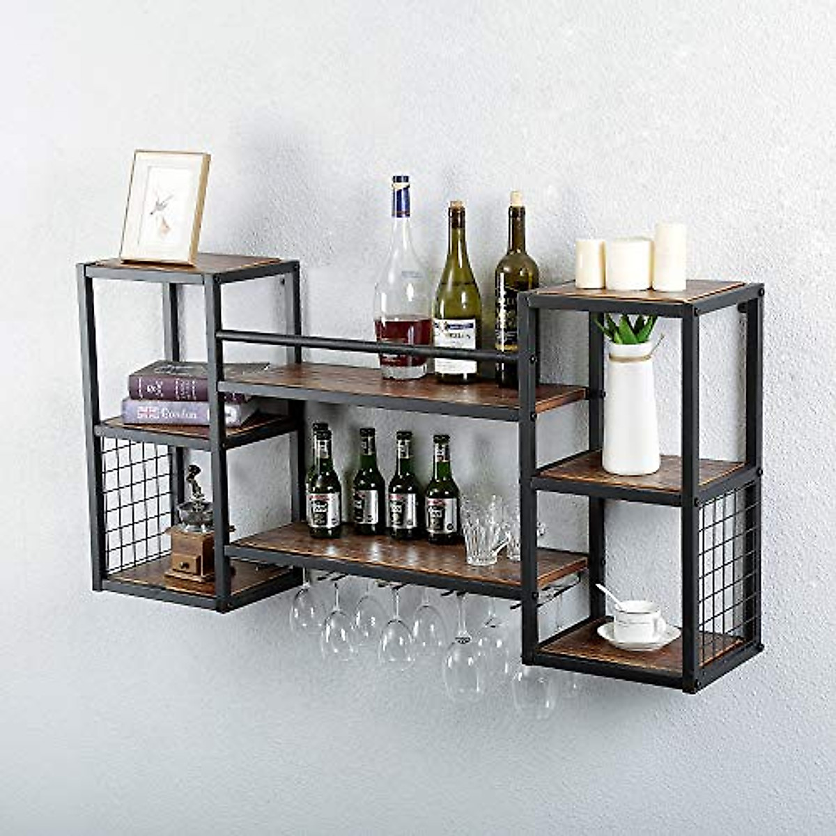 Industrial Hanging Wine Rack Wall Mounted with 5 Stem Glass Holder,47.2in Rustic Wine Glass Rack Wall Mount,Wine Bottle Holder Wall Shelf Wood Shelves,Wine Glass Shelf Metal Floating Bar Shelves