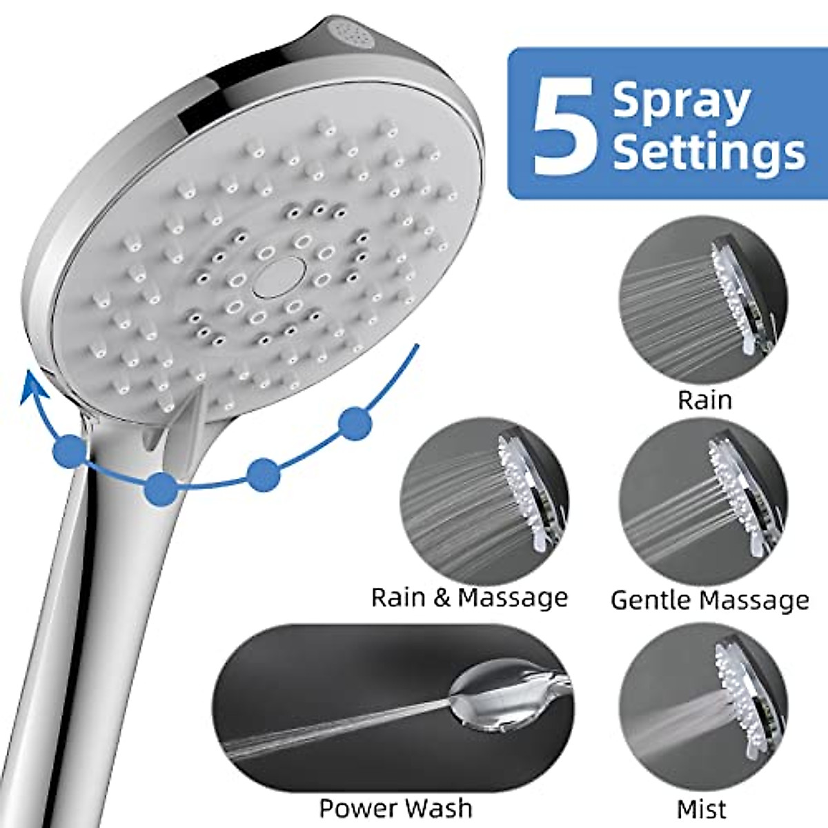 TEYOON 5-mode Handheld Shower Head with 6 ft. Stainless Steel Hose and Adjustable Bracket, Premium Chrome