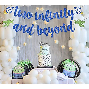 Dark Blue Glitter Two Infinity and Beyond Banner Pre-strung for Kids' 2nd Birthday Party Decorations