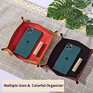 VOMANA Leather Valet Tray for Men Women, Small Leather Catchall Tray Desk Organizer, Key Tray for Entryway Table, Collapsible Travel Snap Tray, EDC Dump Tray (Orange+ Almond)