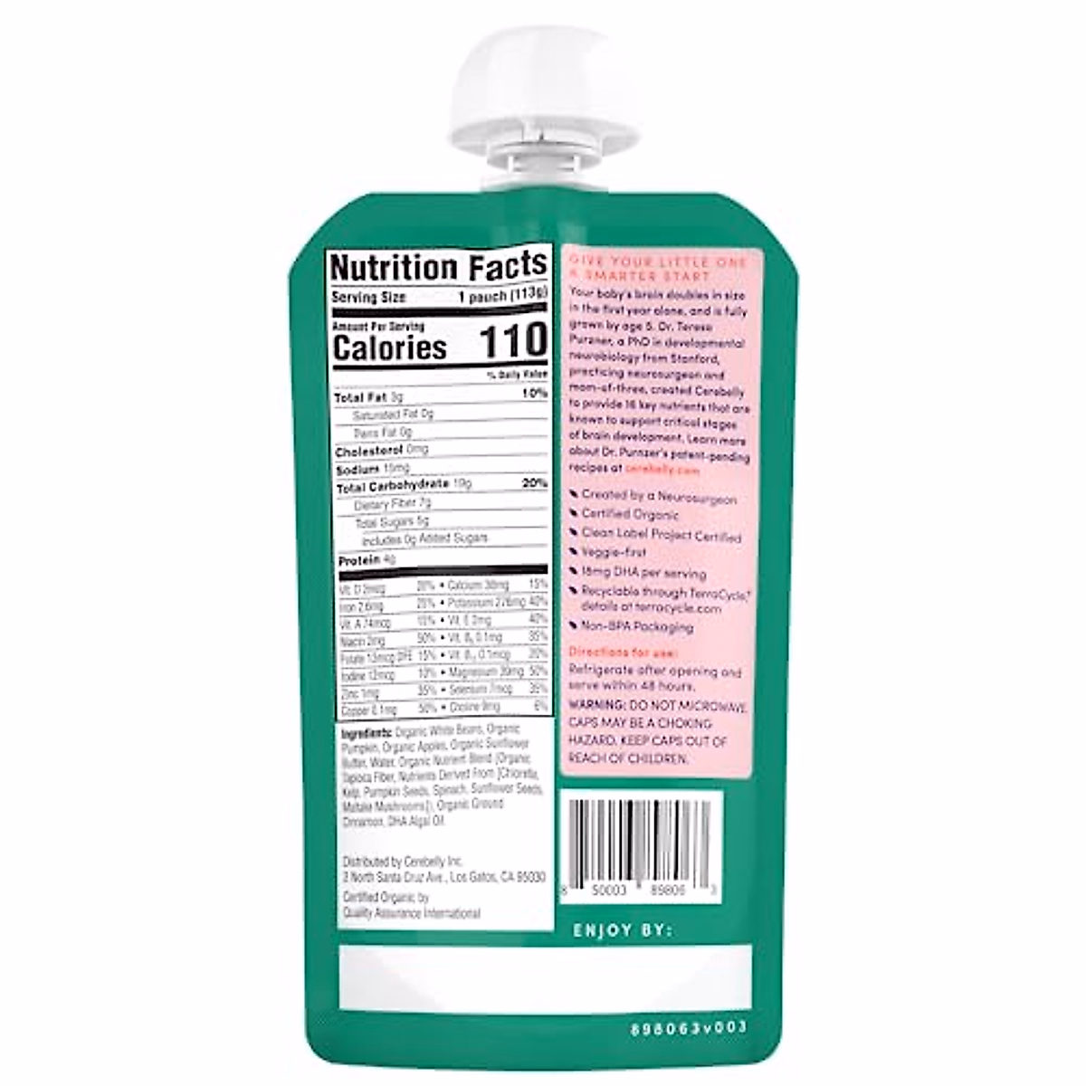 Cerebelly Organic Baby Food Pouches – 6+ Months Organic Veggie Pouches | 16 Nutrients, No Added Sugar, Non-GMO | Toddler Pouches | 4 Ounce BPA-Free Baby Pouches | White Bean Pumpkin Apple | 6 Count