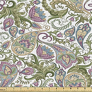 Ambesonne Paisley Fabric by The Yard, Traditional Persian Pickles Pattern Vintage Style Boho Ornament, Decorative Fabric for Upholstery and Home Accents, 1 Yard, Pale Brown Mauve and Green