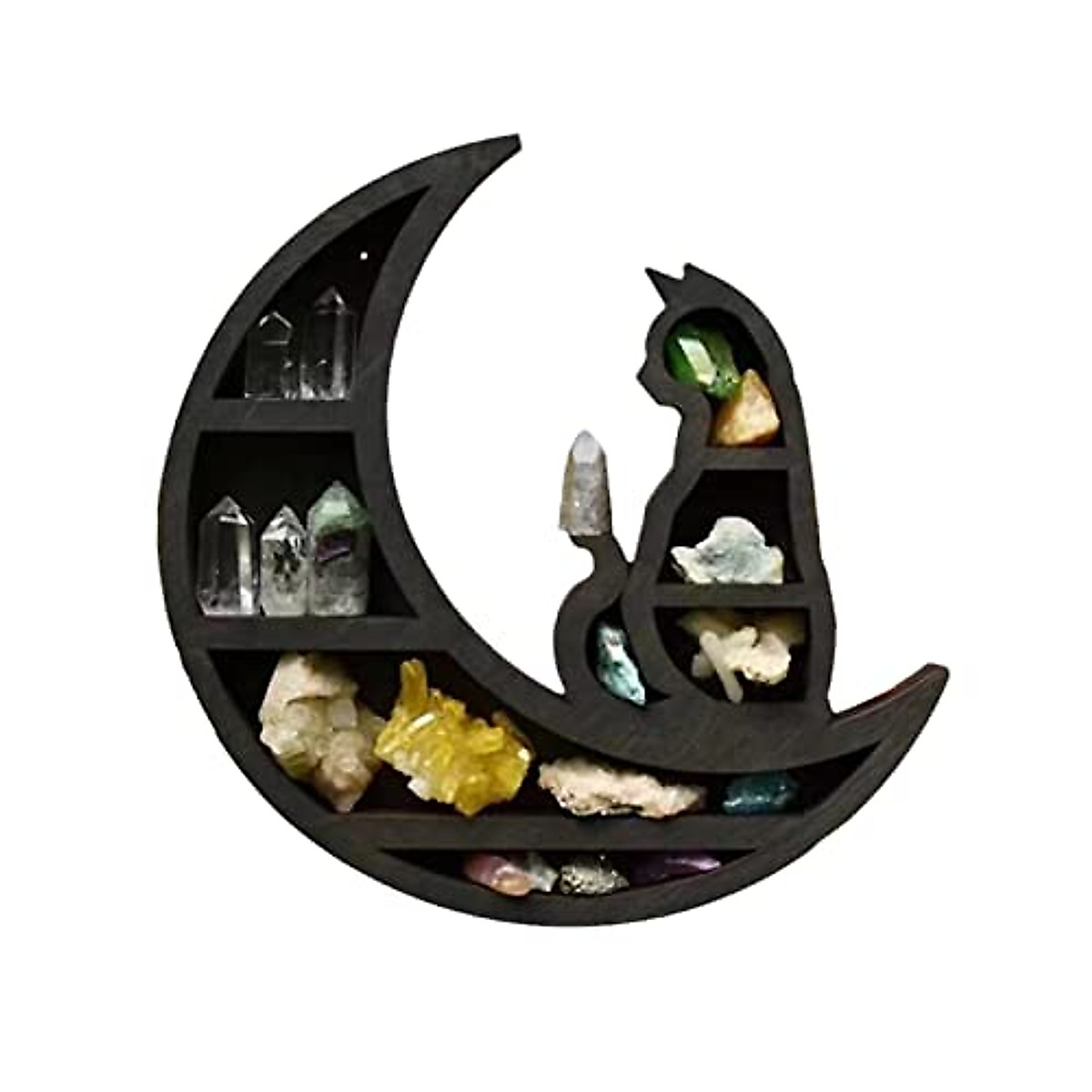 Cat On The Moon Crystal Wood Shelf, Wooden Crystal Display Shelf, Moon Cat Wooden Floating Shelf Gothic Witchy Room Decoration, Multi Color