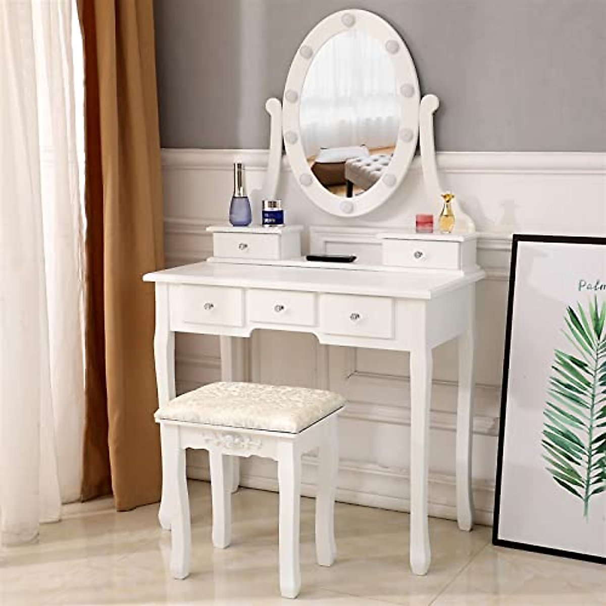 White Lighted Makeup Vanity Set - Makeup Desk with 360° Rotating Oval Mirror and Cushioned Stool - Make-up Vanity Station with Removable Top - Dressing Table with 10 Light Bulbs and 5 Sliding Drawers