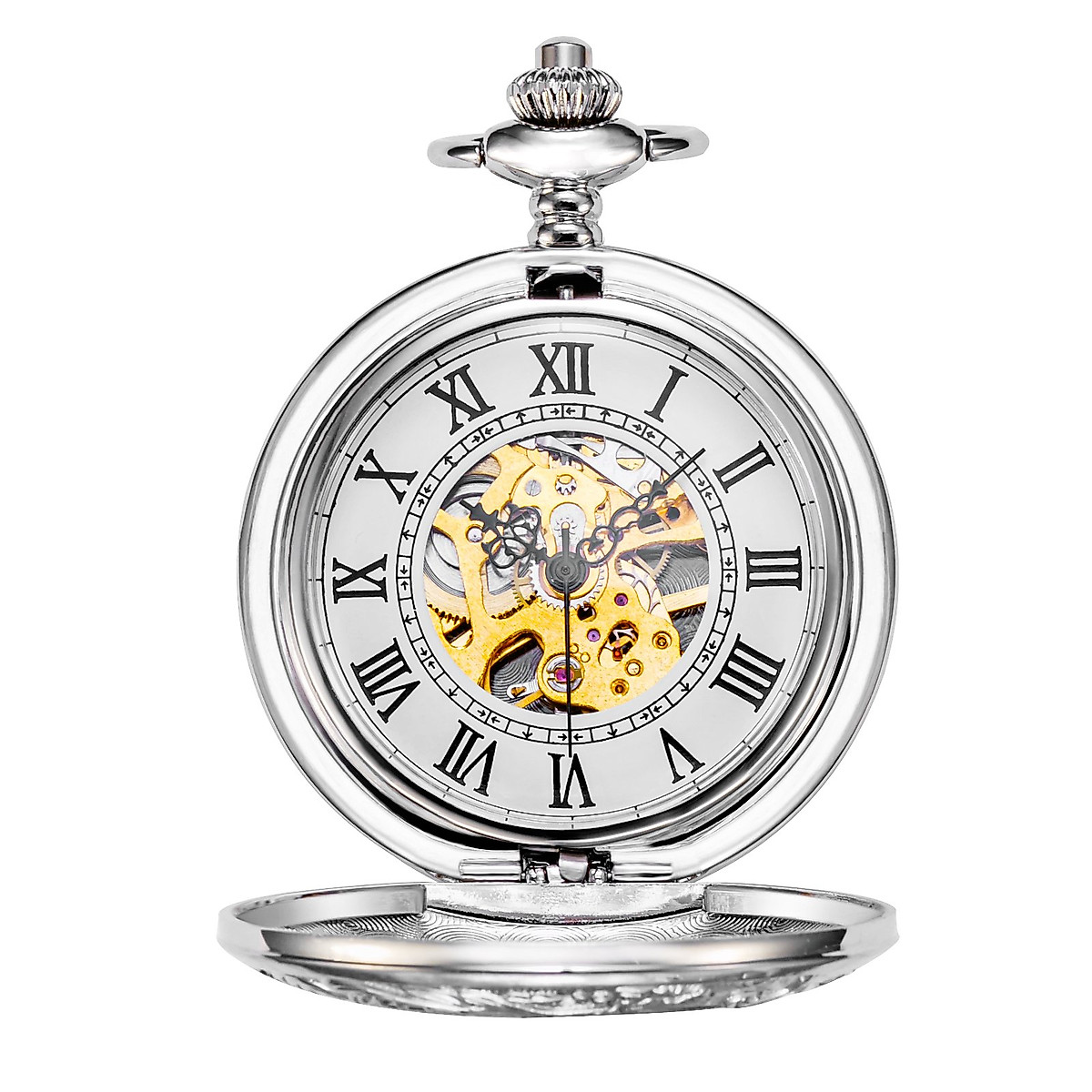 TREEWETO Men's Retro Mechanical Pocket Watch Silver Double Case Roman Numerals Gift for Man with Box
