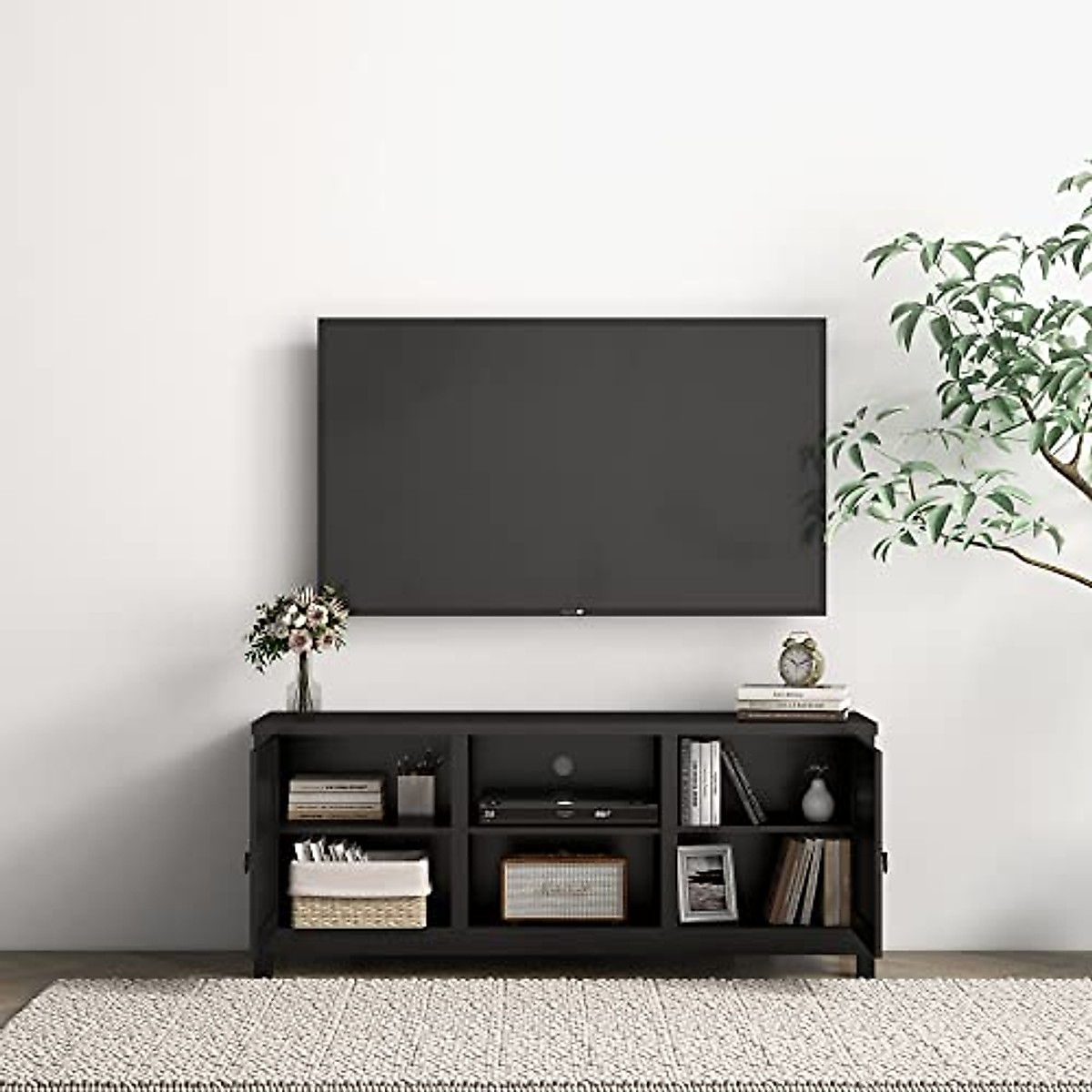 Panana Modern Farmhouse TV Stand for 65 inch TV, Entertainment Center with Storage and Open Shelves, Wood TV Stands TV Table Stand for Living Room, Bedroom (Black, for 32"-65" TV)