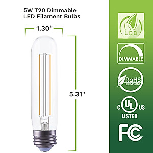 Bioluz LED 94 CRI T10 LED Bulb 40W (Uses only 5W) E26 Base Filament Bulb Soft White 3000K T10 LED Edison Bulb Works with Dimmable or Non-Dimmable UL-Listed Title 20 High Efficacy Lighting 6-Pack