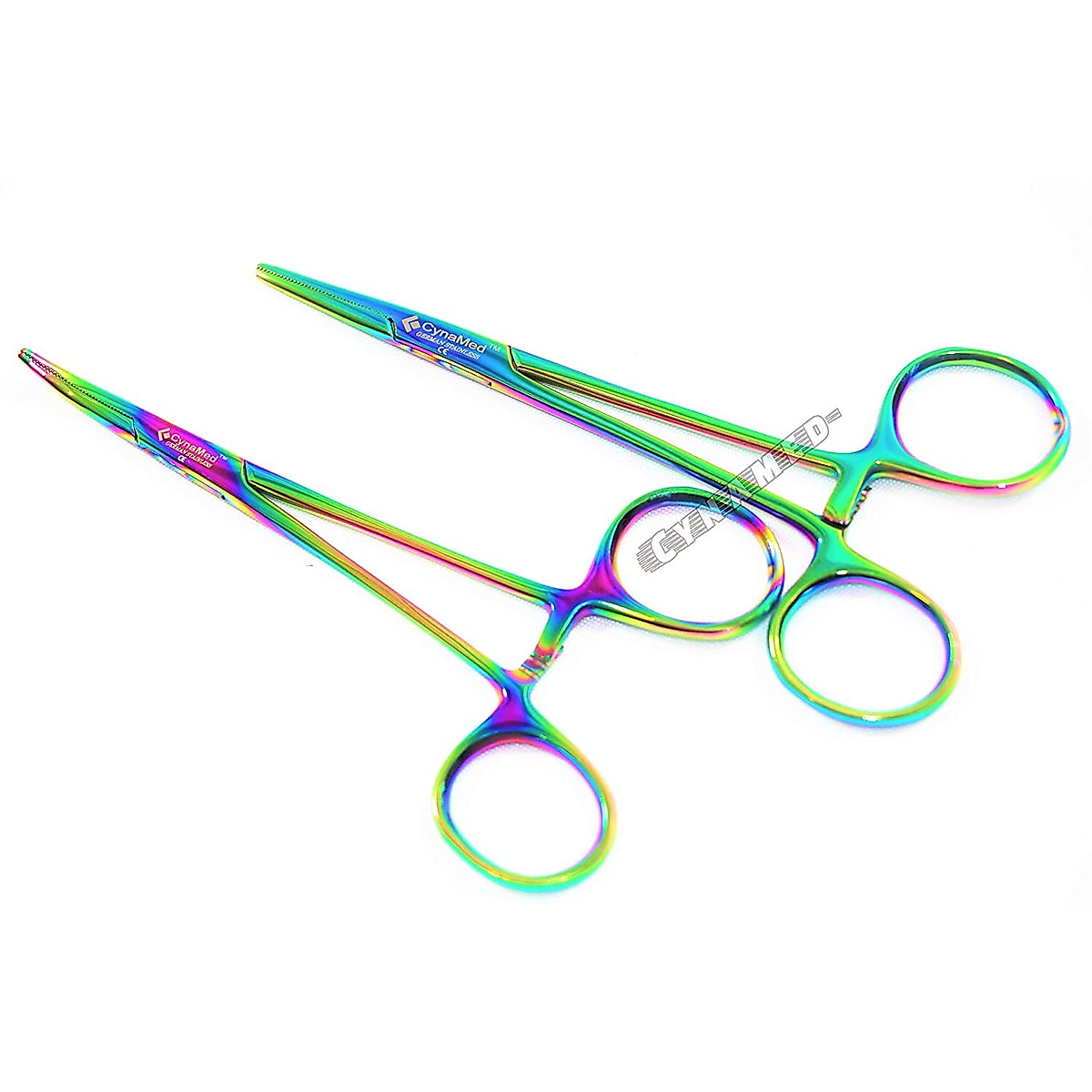 SET OF 2 HEMOSTAT FORCEPS 5" CURVED & STRAIGHT SERRATED PREMIUM GERMAN STAINLESS VETERINARY INSTRUMENT (CYNAMED)