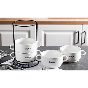 LAUCHUH Soup Bowls Porcelain Soup Crocks with Handles Stackable Soup Mugs for French Onion Bowl Set with Serving Stand 27 ounces for Salad Cereal Fruit