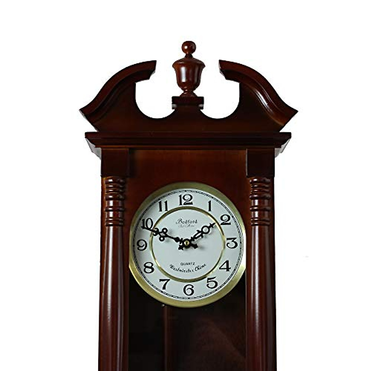 Bedford Clock Collection Classic Chiming Wall Clock with Swinging Pendulum in Cherry Oak Finish, 4.75" L x 11.75" W x 27.50" H