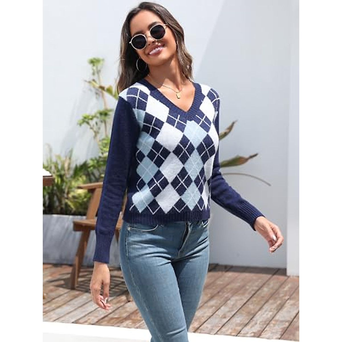 ZAFUL Women's Argyle Sweater V-Neck Cropped Sweater Long-Sleeve Plaid Sweater Pullover Jumper Knit Top (1-Cobalt Blue,S)