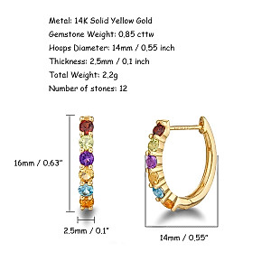 FANCIME 14k Solid Yellow Gold Rainbow Hoop Earrings Multicolor Gemstones 0.85cttw Peridot Citrine Yellow Sapphire Garnet Blue Topaz Amethyst Small Tiny Huggie for Women16mm