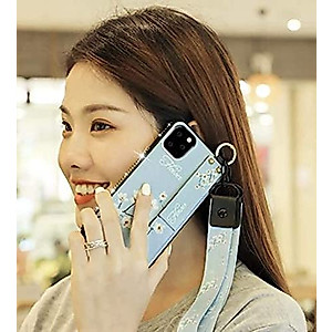 for iPhone 13 Pro Max Case Girl Woman Design,Luxury Glitter Cute Flower Slim TPU Bumper Cover with Loopy Ring,Foldable Wrist Strap Stand Phone Case with Neck Lanyard for iPhone 13 Pro Max 6.7'' Red