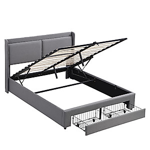 Queen Size Upholstered Platform Bed with Lift Up Hydraulic Storage System, Linen Upholstered Storage Platform Bed Frame with 2 Drawers for Bedrooms Guest Rooms, Sturdy Slats Support (Grey-US)