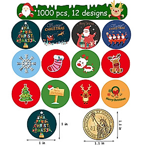 Happy Holidays Sticker, 1000 Pcs Christmas Stickers Roll Xmas Envelope Seals Stickers Adhesive Christmas Elements Stickers for Cards Gift Envelopes Boxes