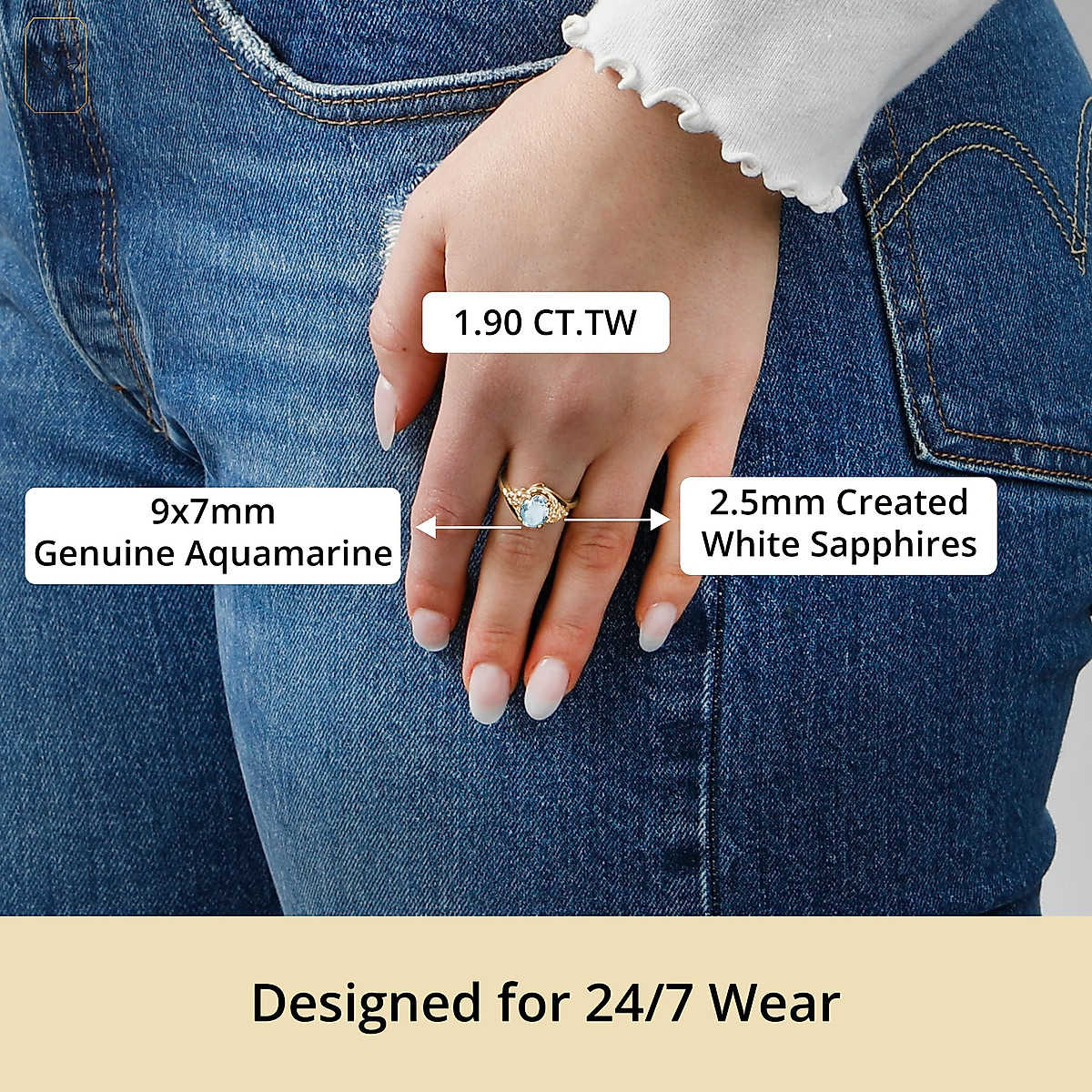 MAX + STONE Blue Aquamarine Oval Sunburst Halo Ring for Women in 10k Yellow Gold with Created White Sapphire and March Birthstone Anniversary Ring Size 7