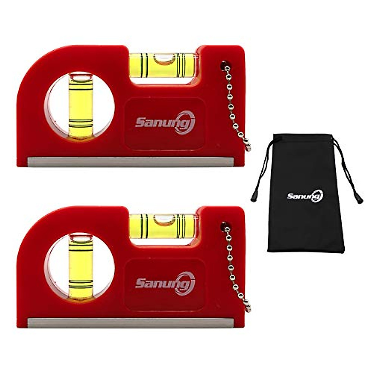 Sanung 2 Pieces Mini Magnetic Horizontal Vertical Pockets Spirit Levels with Keychain Magnetic Pocket Levels with Storage Bag Magnet Spirit Bubble Leveler for Determining Horizontal Vertical Plane