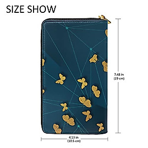 Seamless Golden Gold Butterflies on Abstract Blue Background Leather Long Wallet Organizer with Zipper Purse Clutch Bag for Women Men