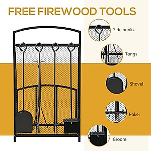 HOMCOM Firewood Rack with Fireplace Tools, Indoor Outdoor Firewood Holder for Fireplace, Wood Stove, Hearth or Fire Pit, Wood Storage Log Rack Includes Poker, Tongs, Broom, Shovel, Black