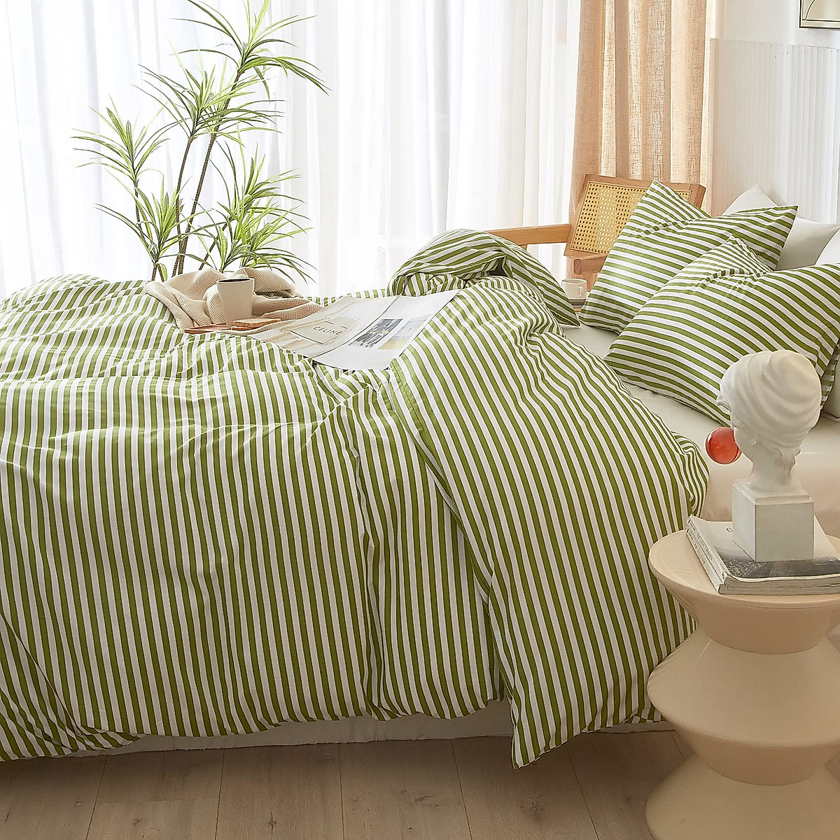 EAVD Duvet Cover Twin Green Striped Duvet Cover Soft Microfiber Green and White Striped Bedding Set with 2 Pillowcases Reversible Geometric Striped Comforter Cover with Zipper Closure