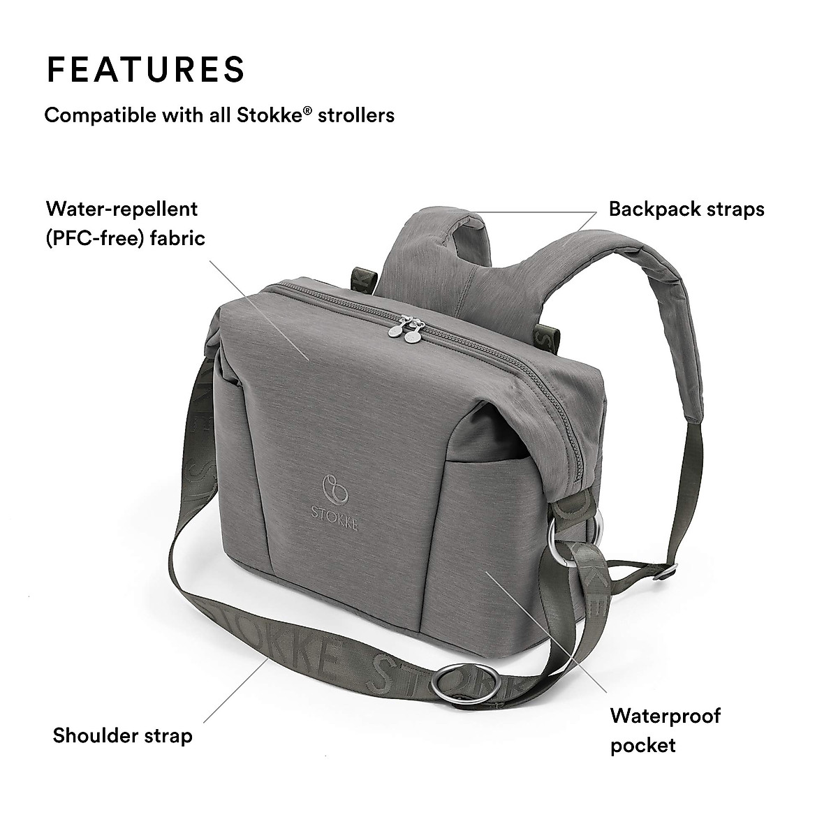 Stokke Xplory X Changing Bag, Modern Grey - Doubles As Shoulder Bag or Backpack - Includes Foldable Changing Mat - UPF 50+, Water Repellent, Easy to Clean