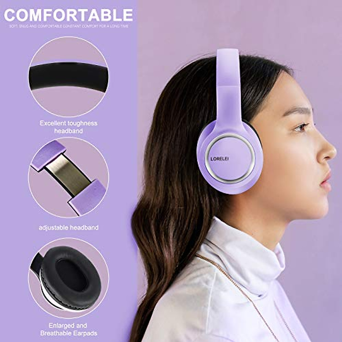LORELEI X8 Over-Ear Wired Headphones with Microphone with 1.45m-Tangle-Free Nylon Line&3.5mm Plug,Lightweight Foldable & Portable Headphones for Smartphone,Tablet,Computer,Mp3/4(Dark Purple)