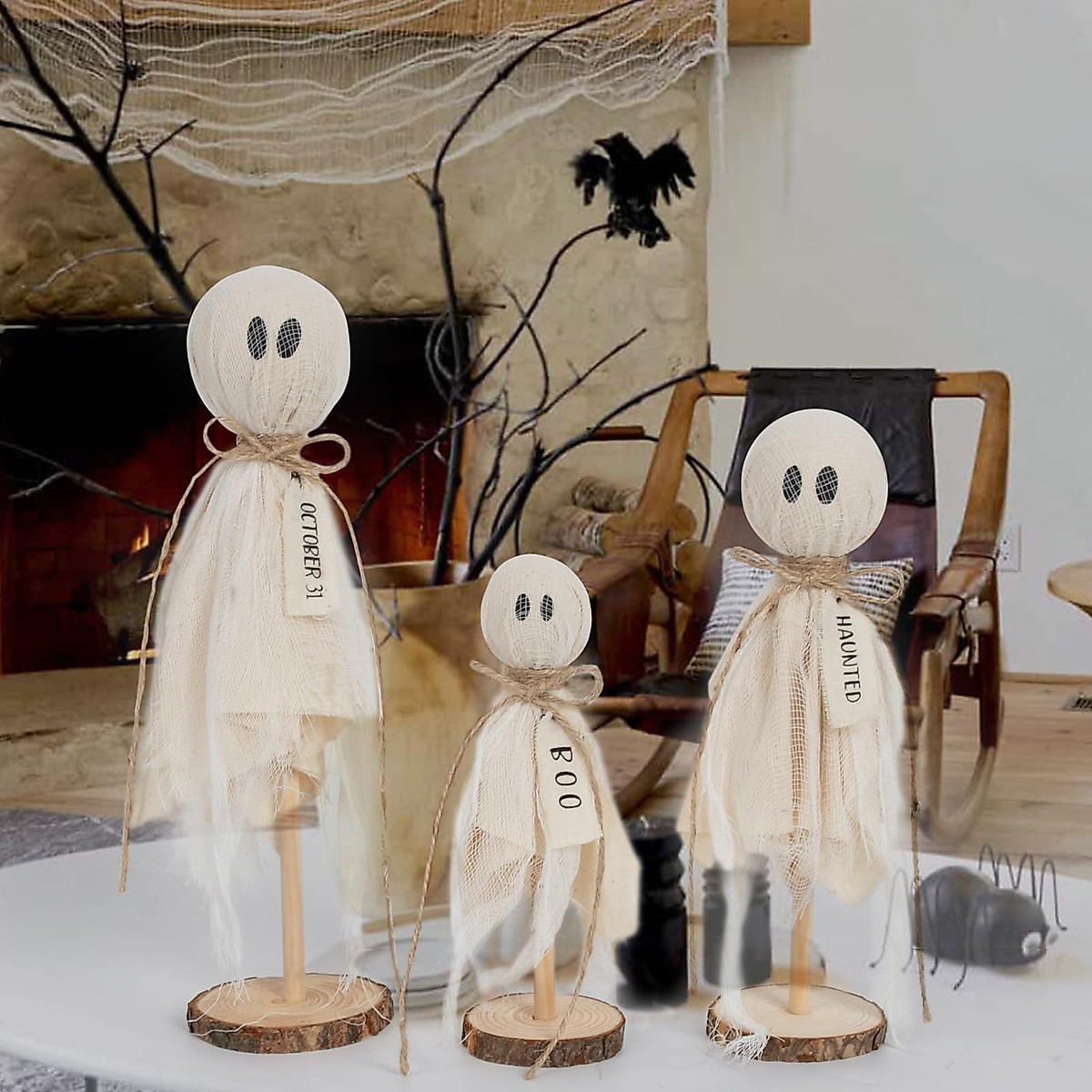 DAZONGE Halloween Decorations Indoor - Set of 3 Primitive Halloween Ghosts on Wooden Stand for Table Centerpieces, Shelves, and Mantels - Spooky Halloween Decor