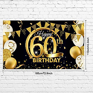 Birthday Party Decoration Extra Large Fabric Black Gold Sign Poster for Anniversary Photo Booth Backdrop Background Banner, Birthday Party Supplies, 72.8 x 43.3 Inch (60th)