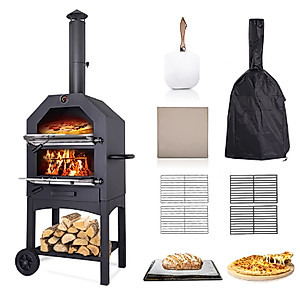 Vonzoy Wood Fired Outdoor Pizza Oven with Waterproof Cover, Pizza Stone and Peel, Wood Burning Pizza Oven with 2 Wheels for Outside