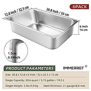 IMMERROT 6 Inch Deep Full Size Hotel Pans 21 Gauge Steam Table Pans Anti-Jamming Commercial 18/8 Stainless Steam Steamer Evaporator Pan for Catering Restaurant Food Storage 6 Pack