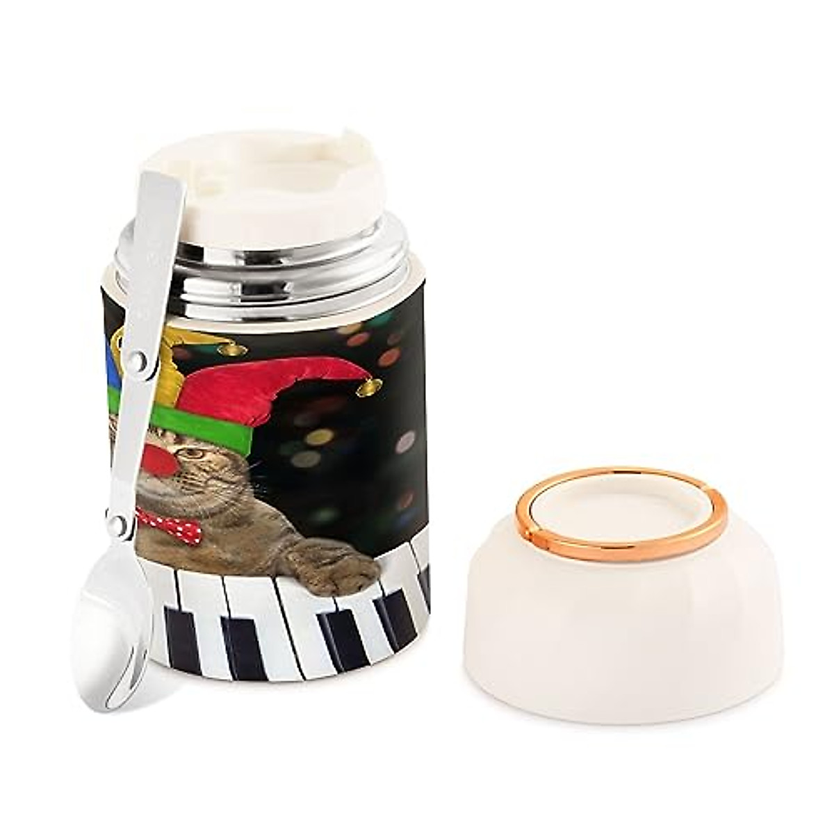 CUPADA Cat Musician Cute Food Jar, Clown Hats Color Insulated Hot Food Jars Vacuum 17OZ with Folding Spoon for Work Trip Picnic Camping