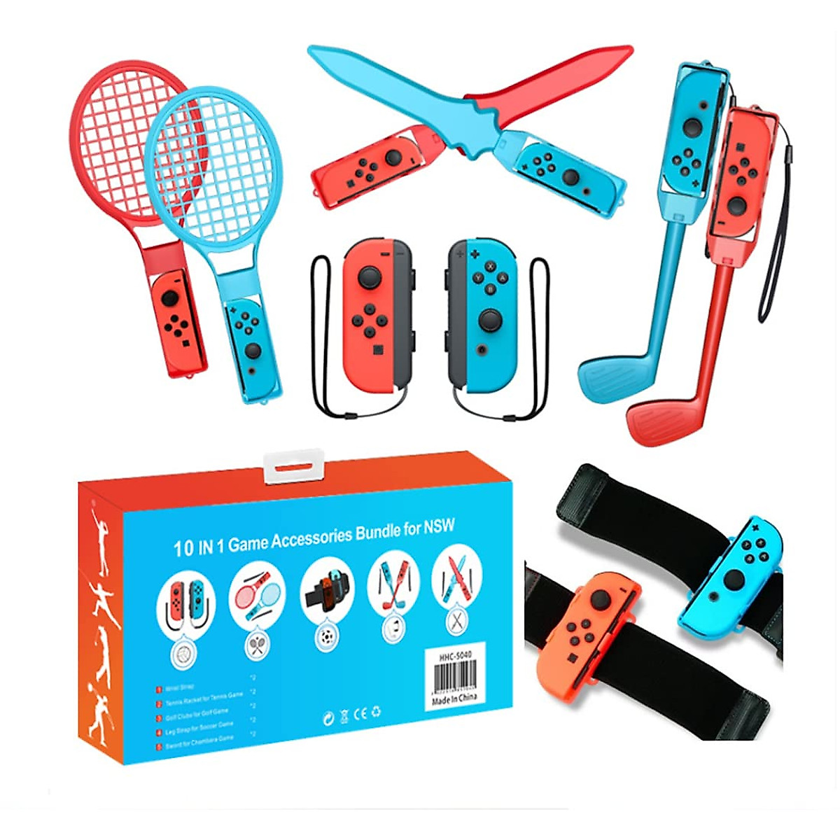 YIKESHU Switch Sports Accessories Bundle for Nintendo Switch, 10 in 1 Family NS Sport Game Switch OLED Kits with Tennis Rackets, Golf Clubs, Chambara Swords, Soccer Leg Straps & Joycon Grips