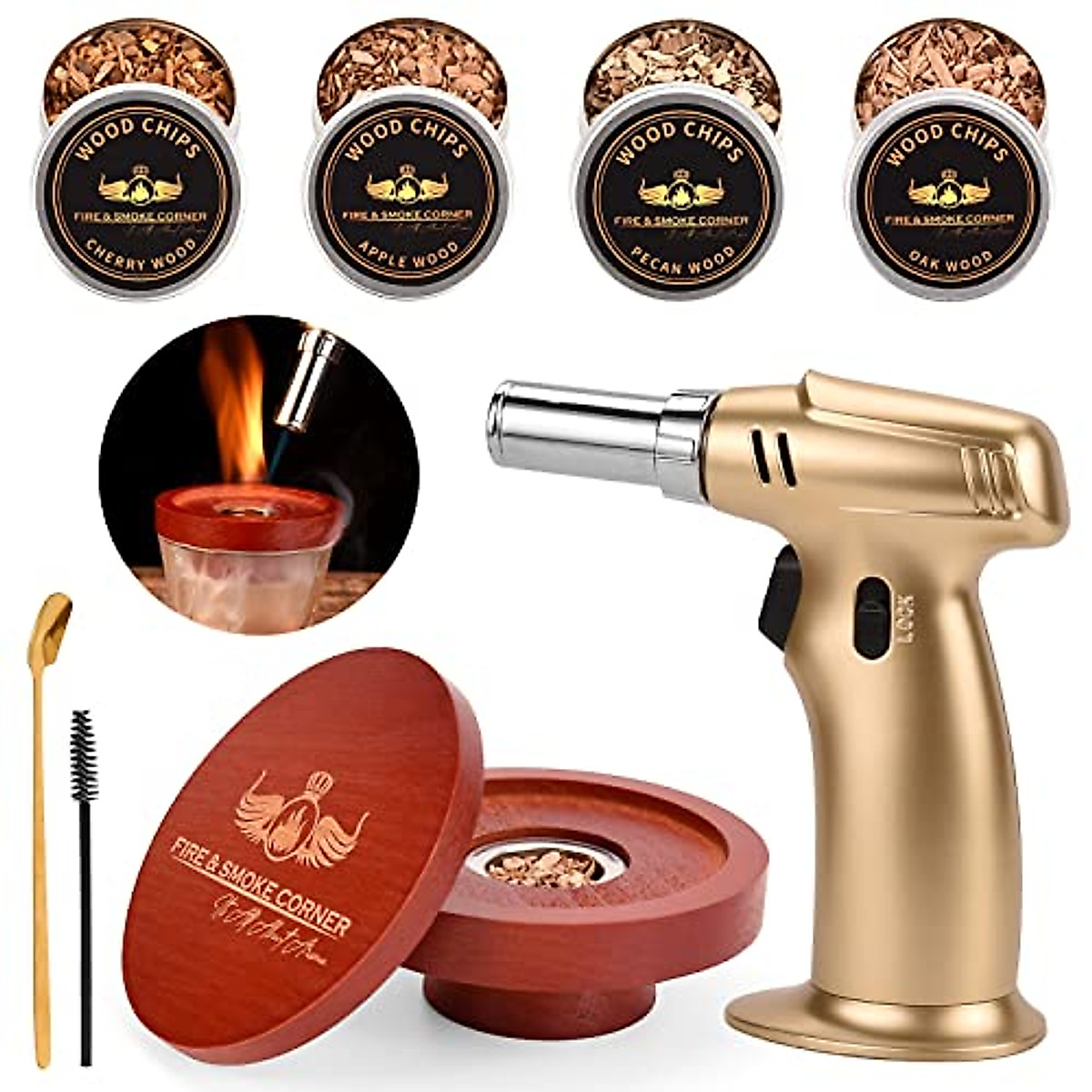 Cocktail Smoker Kit with Torch – 4 Flavors Wood Chips – Bourbon, Infuser Kit, Old Fashioned Drink Smoker Kit, Amazing Valentine Gifts for Men, Dad, Husband (Without Butane)