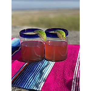 Hand Blown Mexican Drinking Glasses - Set of 6 Tumbler Glasses with Cobalt Blue Rims (10 oz each)