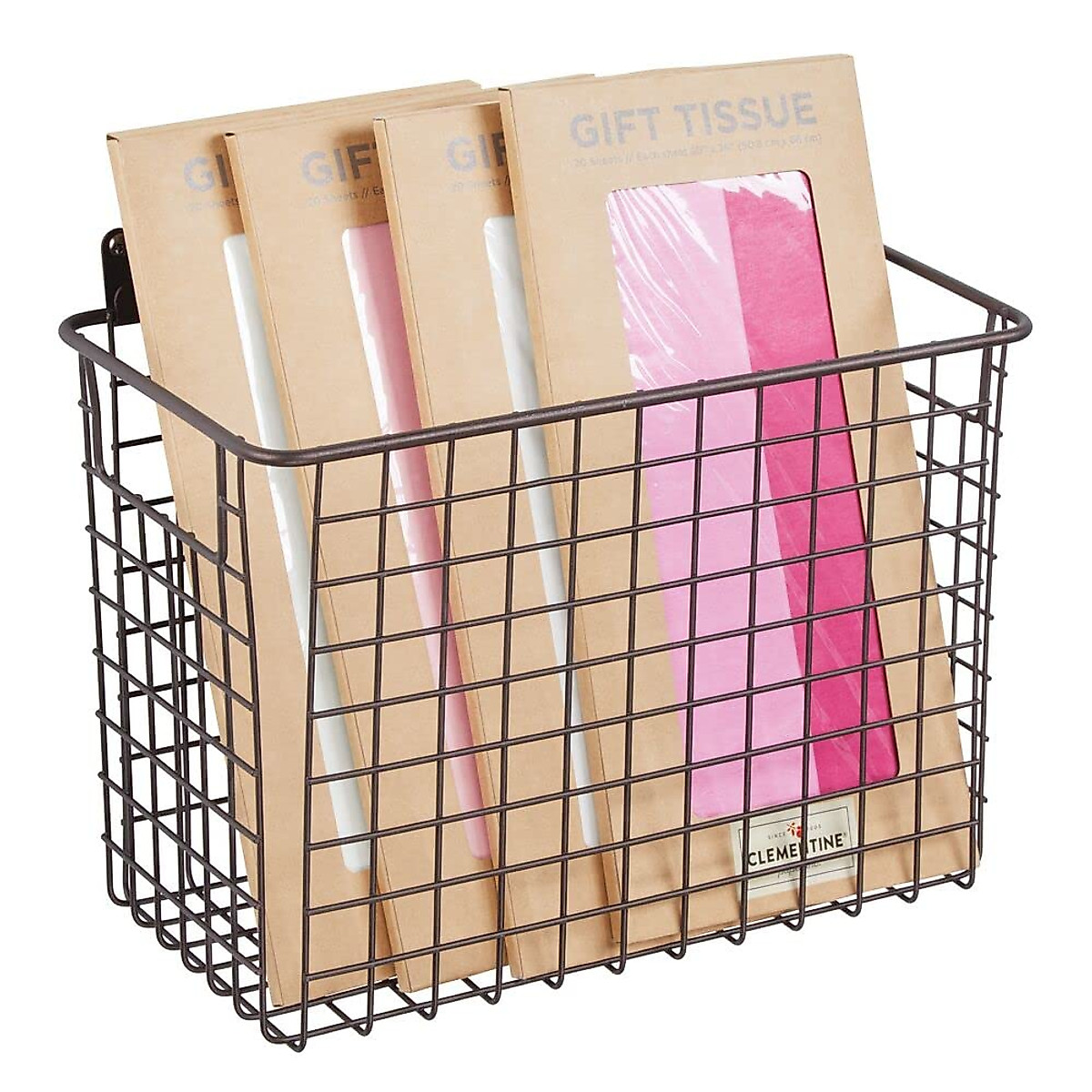 mDesign Portable Metal Farmhouse Wall Decor Storage Organizer Basket Bin with Handles for Hanging in Entryway, Mudroom, Bedroom, Bathroom, Laundry Room - Wall Mount Hooks Included, Large - Bronze