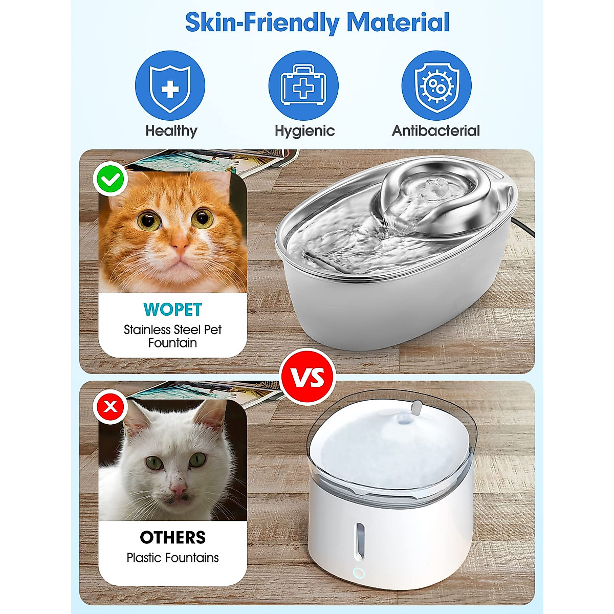 WOPET F10 Cat Water Fountain Stainless Steel,67oz/2L Pet Water Fountain,Automatic Cat Water Dispenser,Cat Bowl,Dog Water Fountain,Dishwasher Safe for Cats&Dogs