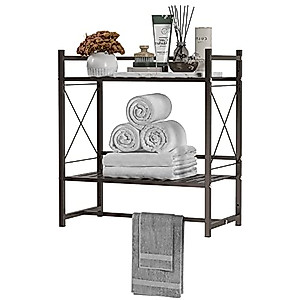 TZAMLI 2-Tier Towel Rack Wall Mounted Bathroom Shelves with Towel Bar, Floating Shelves Over Toilet, Metal Storage Shelf Shower Organizer, Brown